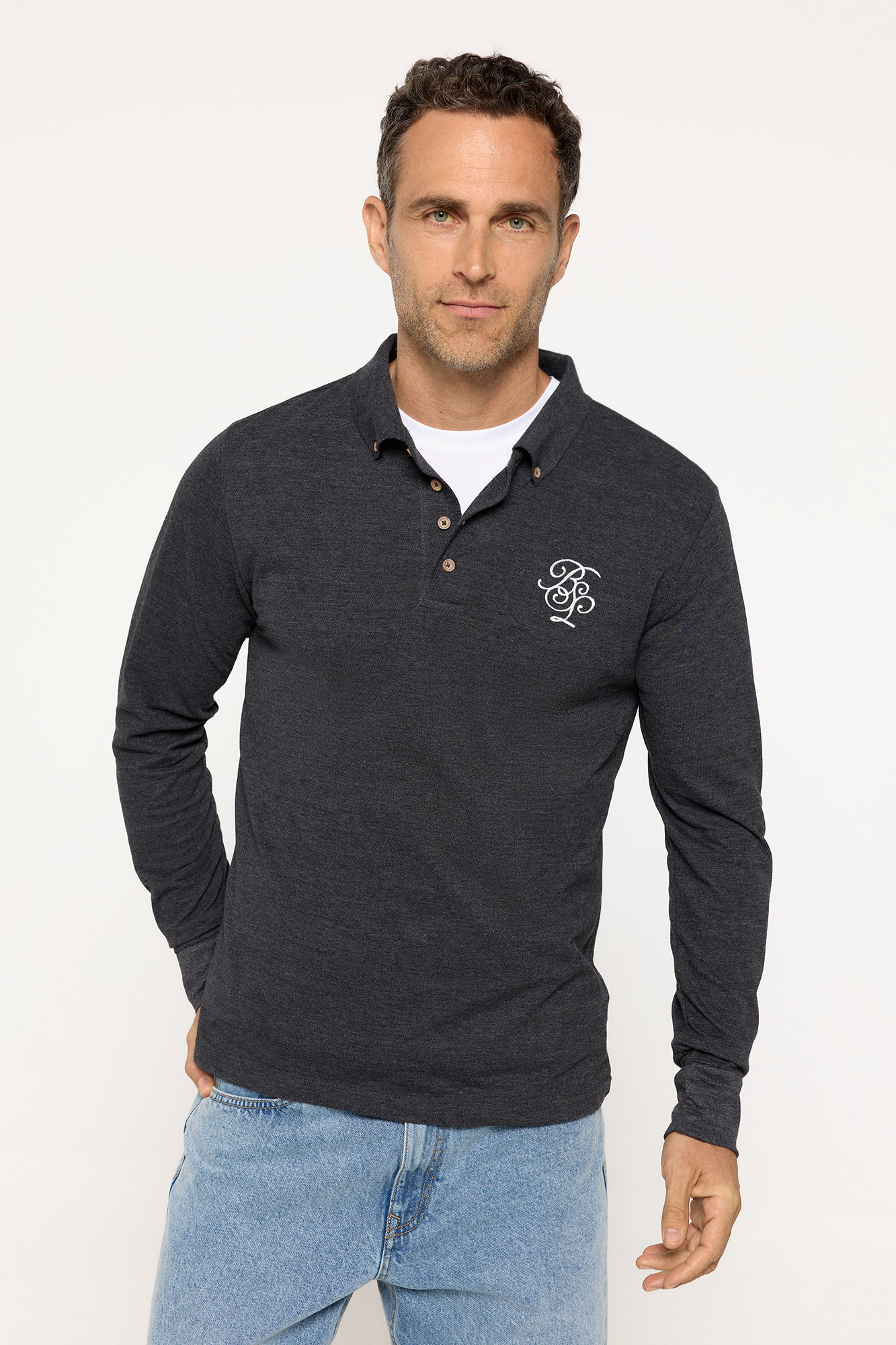 Polo de manga comprida com bordado | Ofertas em polos de homem | Fifty Factory